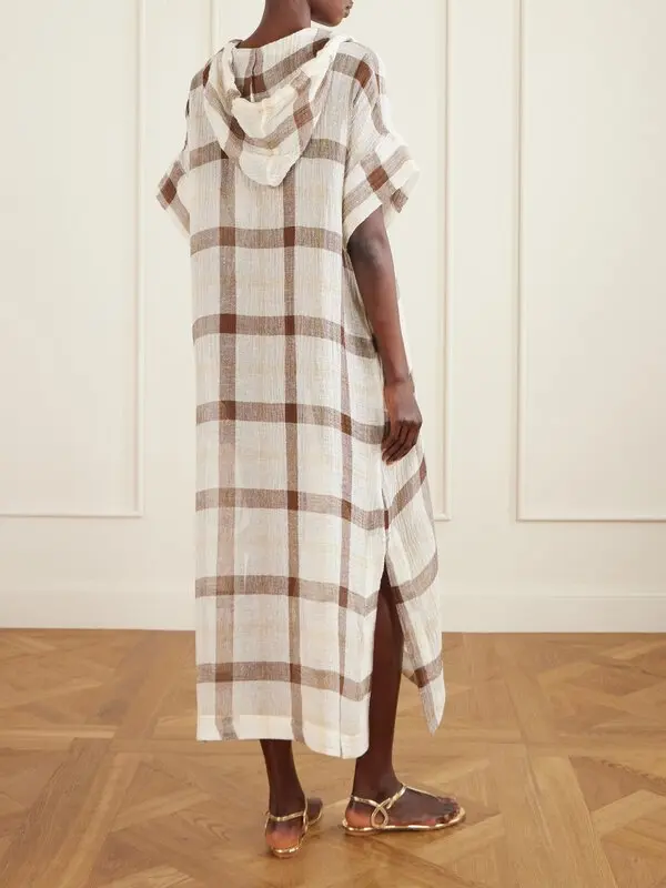 Lisa Marie Fernandez Hooded Checked Linen-blend Crepon Kaftan