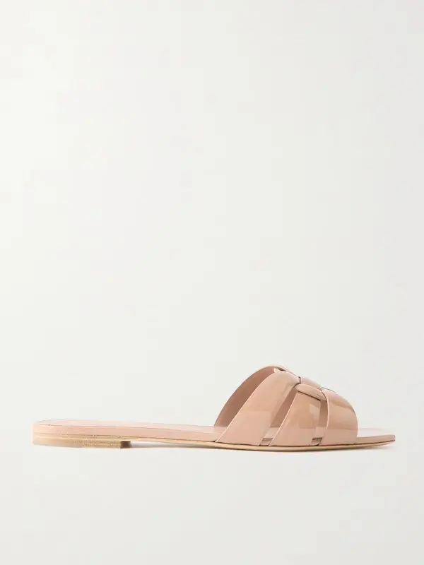 Saint Laurent Tribute Woven Patent-leather Slides - Neutrals