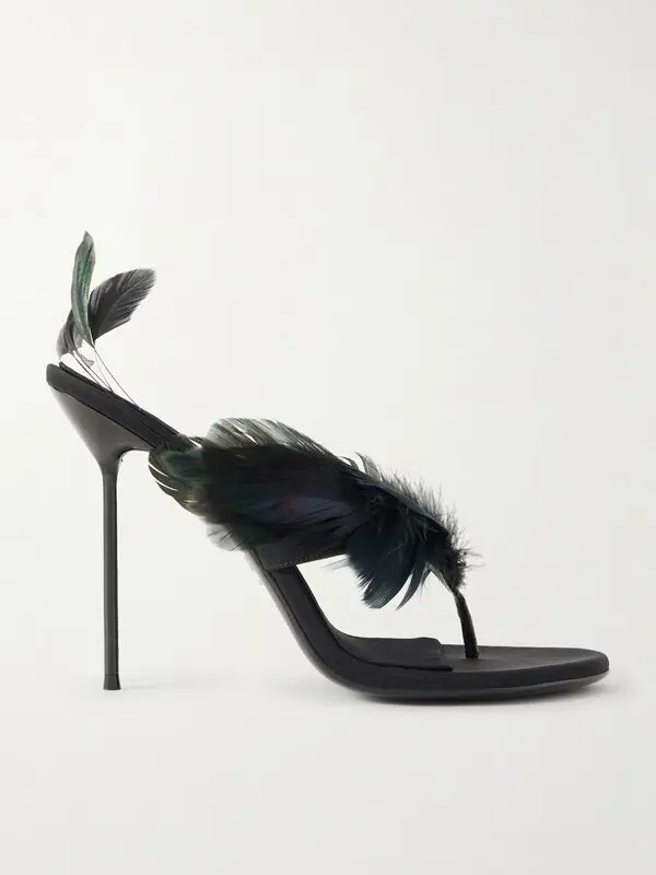 Paris Texas Lidia Feather-trimmed Satin Mules - Black