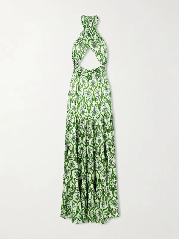 CRISTIANO MARCHELI Nina Cutout Printed Silk-blend Satin Maxi Dress - Green