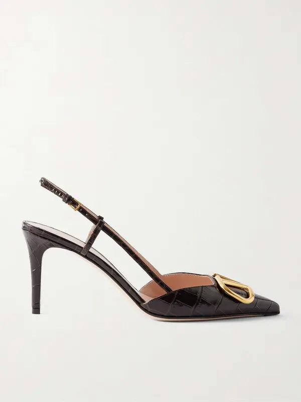 Valentino Garavani Vlogo Croc-effect Leather Slingback Pumps - Dark Brown