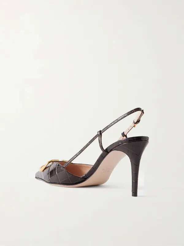 Valentino Garavani Vlogo Croc-effect Leather Slingback Pumps - Dark Brown