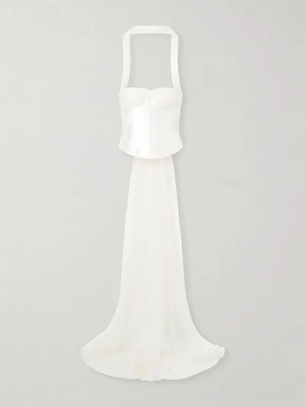DANIELLE FRANKEL Viola Gathered Draped Tulle-trimmed Wool And Silk-blend Twill Top - Neutrals