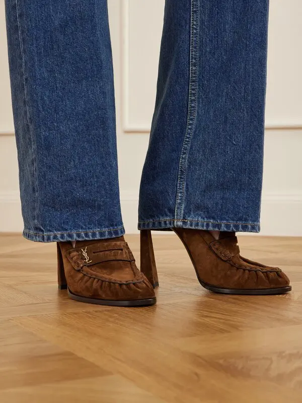 Saint Laurent Le Loafer Embellished Suede Pumps - Brown