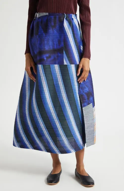 Issey Miyake City Collage Pleated Midi Skirt - Gray X Navy