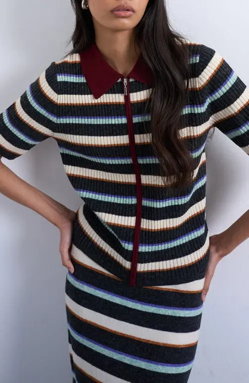 Topshop Stripe Zip Ribbed Polo