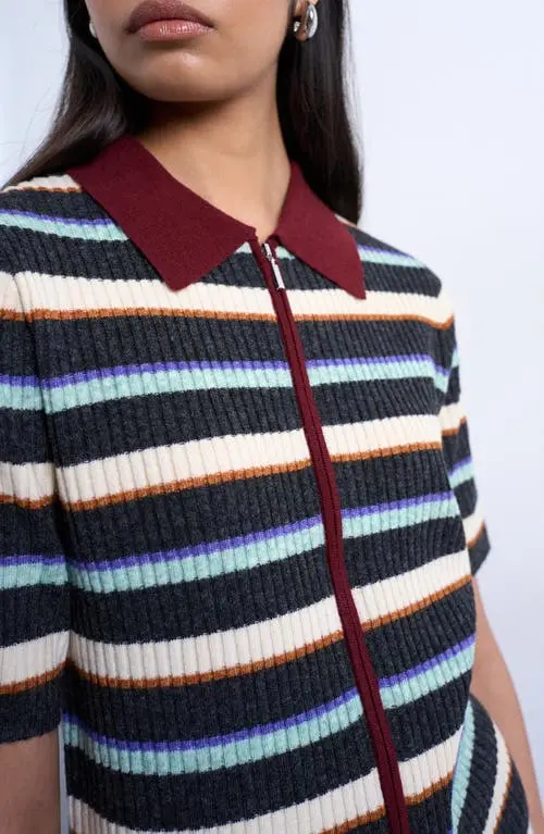 Topshop Stripe Zip Ribbed Polo