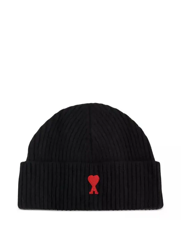 Ami Logo-detail Ribbed Beanie - Black