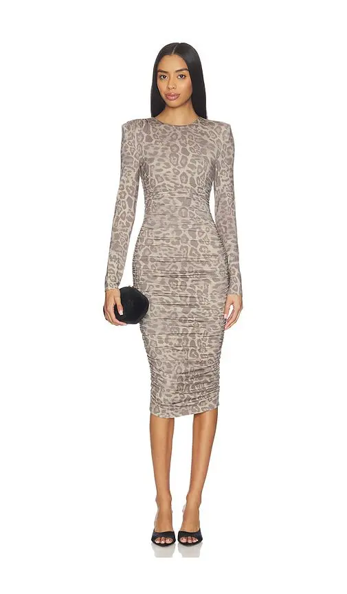 L'Agence Paityn Long Sleeve Shirred Dress - Grey Multi Patch Leopard