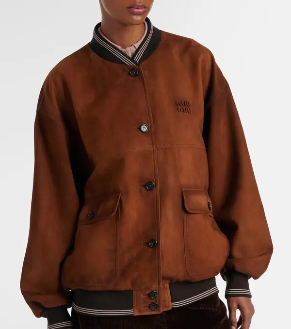 Miu Miu Logo Suede Blouson Jacket - Brown