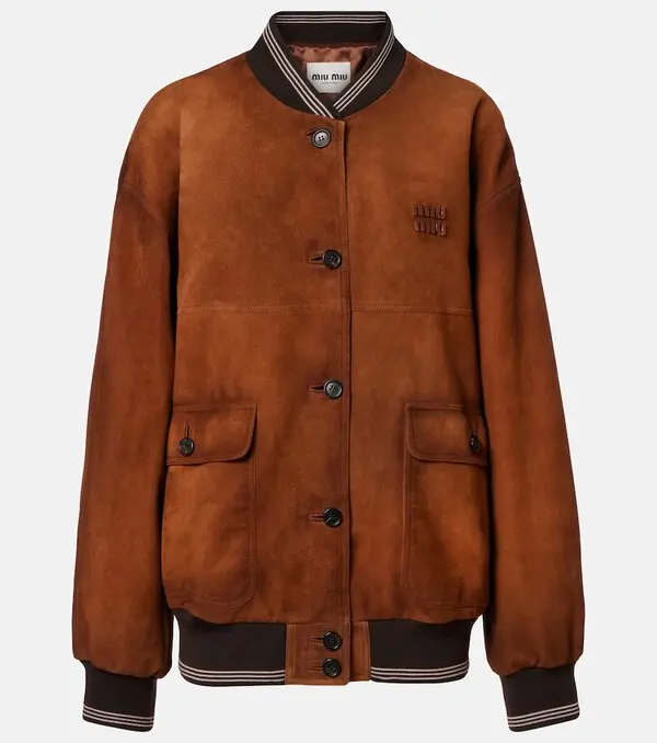 Miu Miu Logo Suede Blouson Jacket - Brown