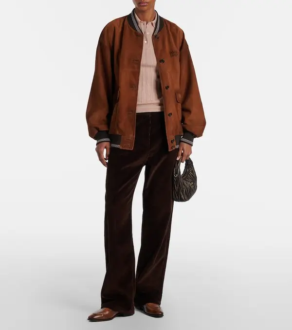 Miu Miu Logo Suede Blouson Jacket - Brown