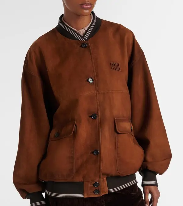 Miu Miu Logo Suede Blouson Jacket - Brown
