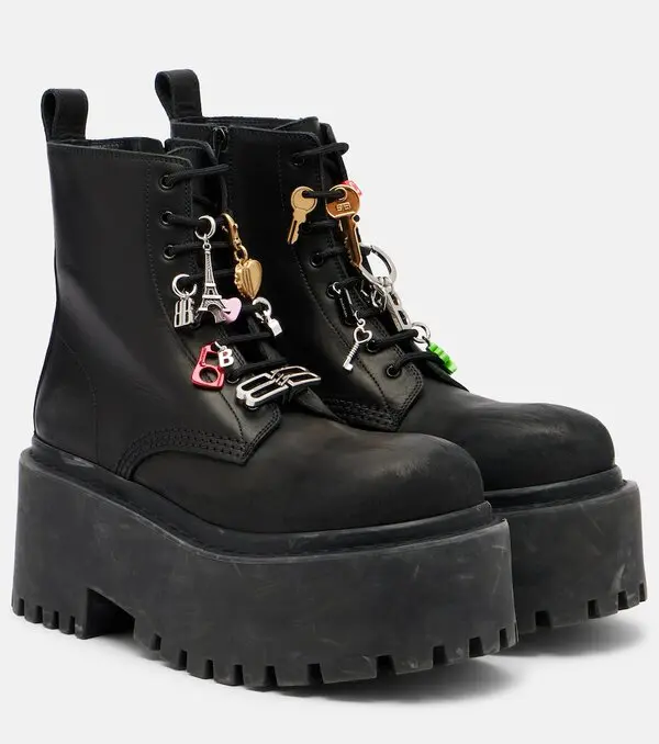 Balenciaga Embellished Leather Platform Combat Boots - Black
