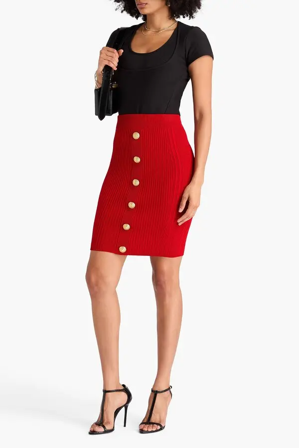 Balmain Embellished Ribbed-knit Pencil Skirt