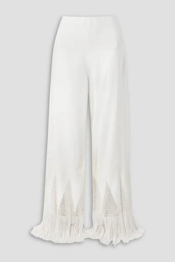 Stella McCartney Fringed Macramé-trimmed Embroidered Satin Wide-leg Pants - Ivory