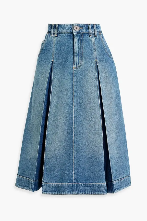 Balmain Pleated Denim Midi Skirt