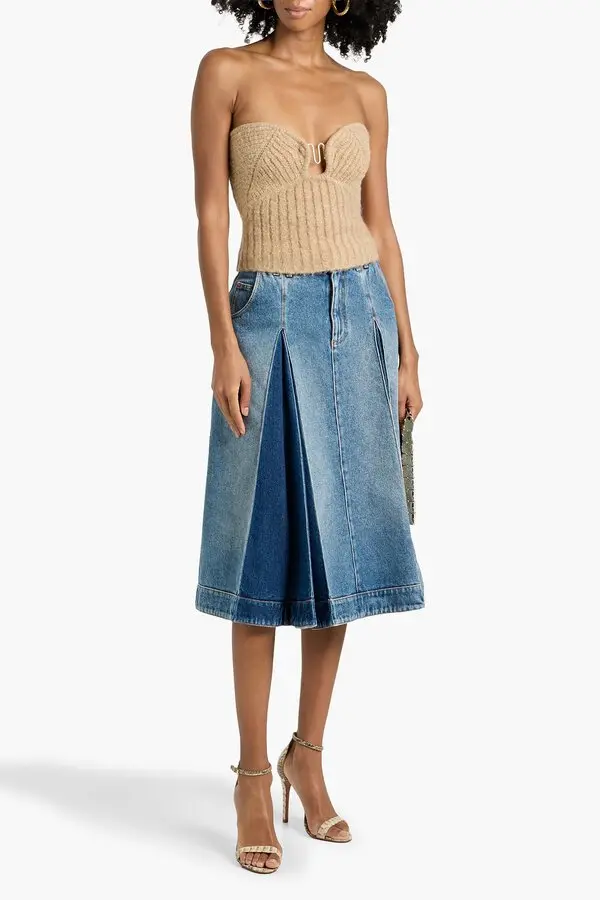 Balmain Pleated Denim Midi Skirt