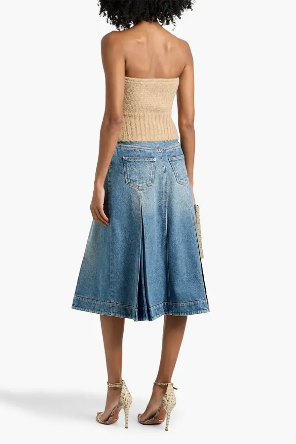 Balmain Pleated Denim Midi Skirt