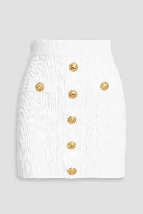 Balmain Embellished Pointelle And Ribbed-knit Mini Skirt - White