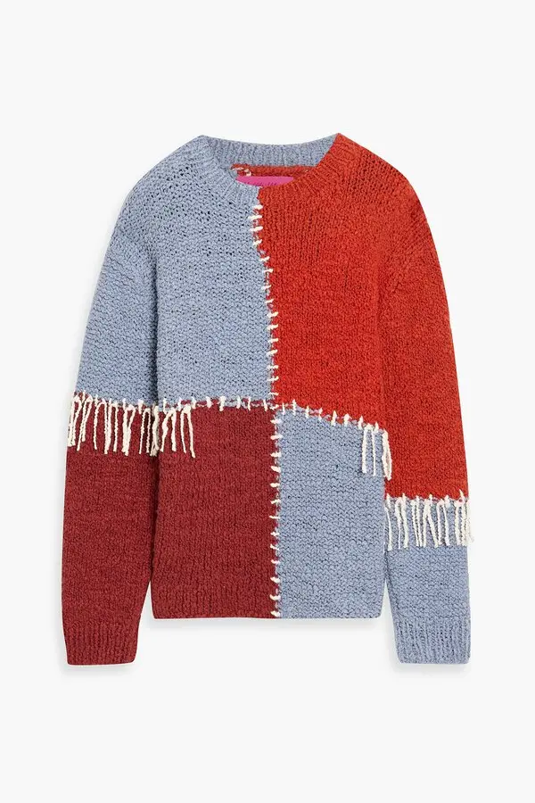 THE ELDER STATESMAN Fringed Patchwork Bouclé-knit Cotton Sweater