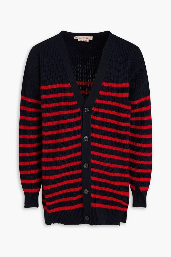 Marni Distressed Striped Ribbed Wool Cardigan