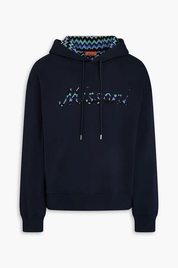 Missoni Crochet Knit Trimmed French Cotton-terry Hoodie - Navy