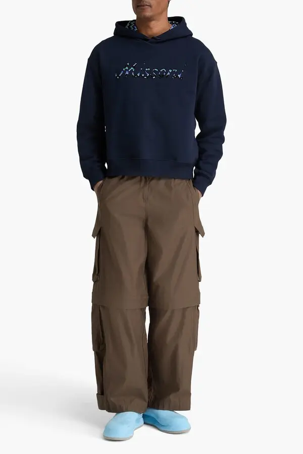 Missoni Crochet Knit Trimmed French Cotton-terry Hoodie - Navy