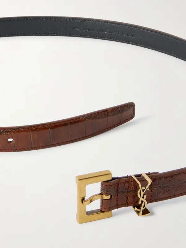 Saint Laurent Cassandre Croc-effect Leather Belt - Brown