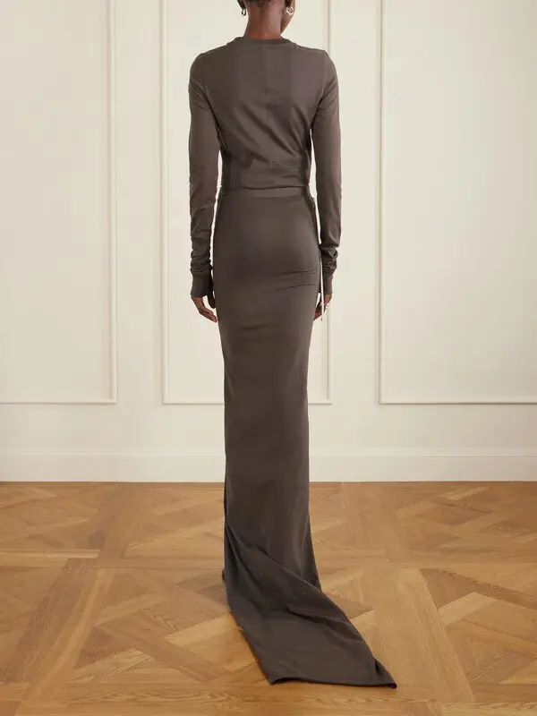 Rick Owens Moncler Appliquéd Cotton-jersey Maxi Skirt - Brown