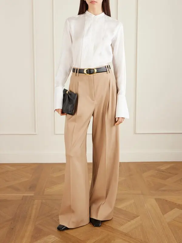 Another Tomorrow Pleated Wool-blend Wide-leg Trousers
