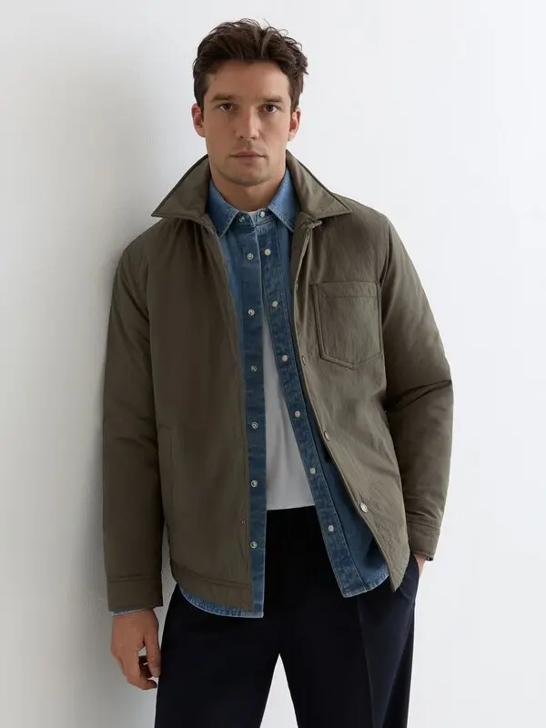 REISS Vasey Quilted Press-stud Overshirt - Dark Green