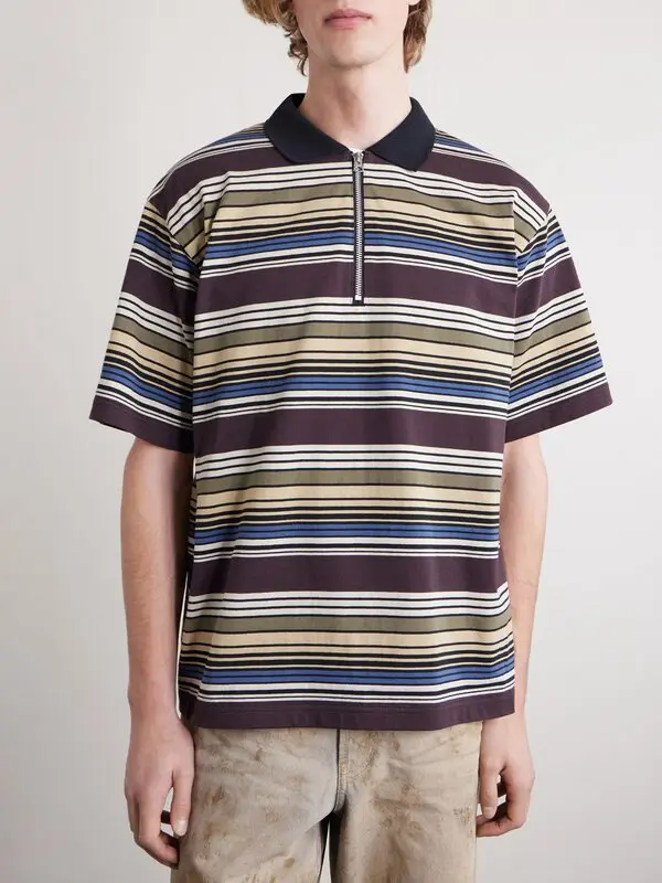 Sacai Striped Cotton-jersey Half-zip Polo Shirt - Brown
