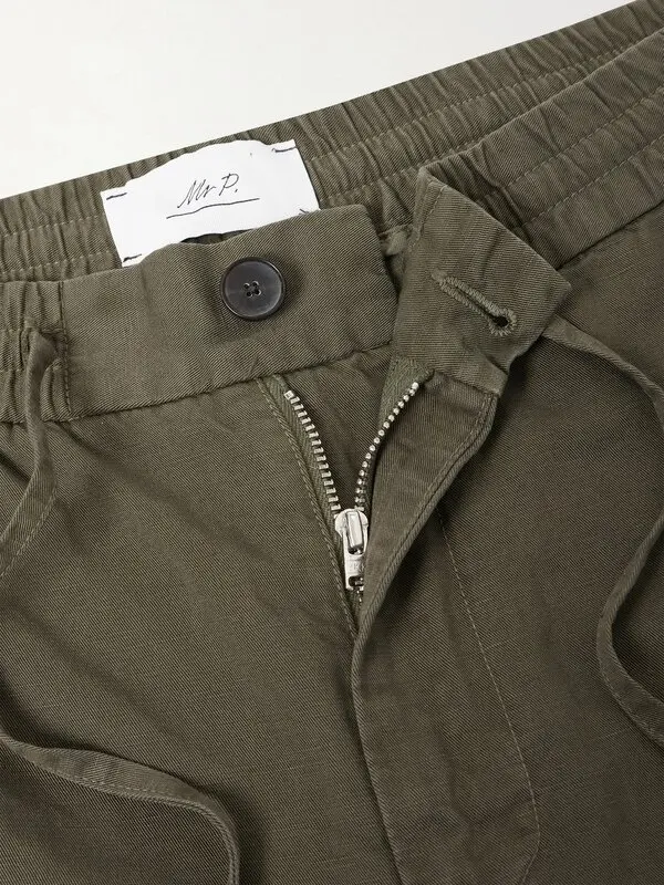Mr P. Straight-leg Cotton And Linen-blend Twill Drawstring Trousers - Green