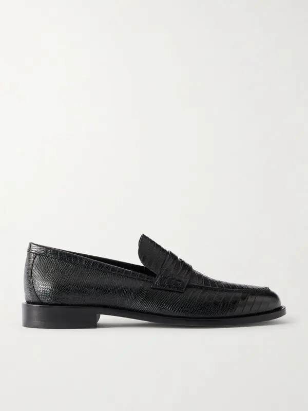 Manolo Blahnik Perry Lizard-effect Leather Penny Loafers - Black
