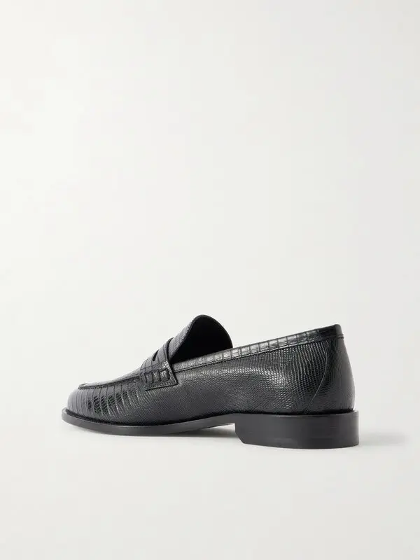 Manolo Blahnik Perry Lizard-effect Leather Penny Loafers - Black
