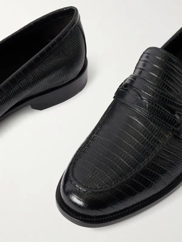 Manolo Blahnik Perry Lizard-effect Leather Penny Loafers - Black
