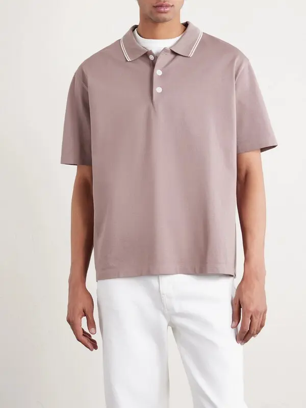 FRAME Striped Cotton-piqué Polo Shirt - Pink