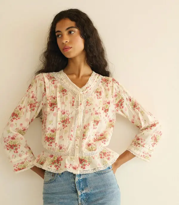 DÔEN Floral Organic Cotton Voile Hillock Top - Ivory Lantana Floral