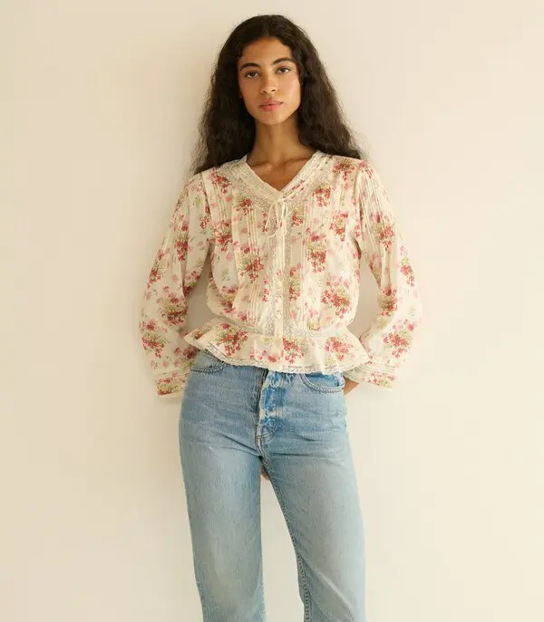 DÔEN Floral Organic Cotton Voile Hillock Top - Ivory Lantana Floral