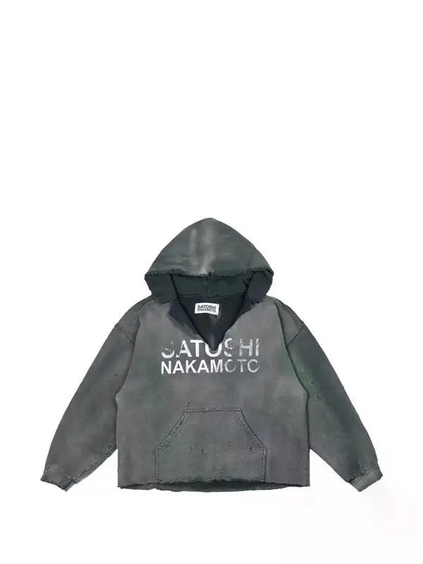 SATOSHI NAKAMOTO Distressed V-cut Hoodie - Grey