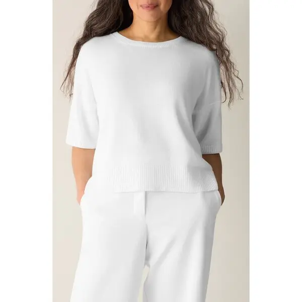 Eileen Fisher Elbow Sleeve Organic Cotton Blend Crewneck Sweater - White