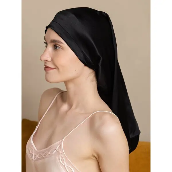 SILKSILKY Long Silk Bonnet - Black