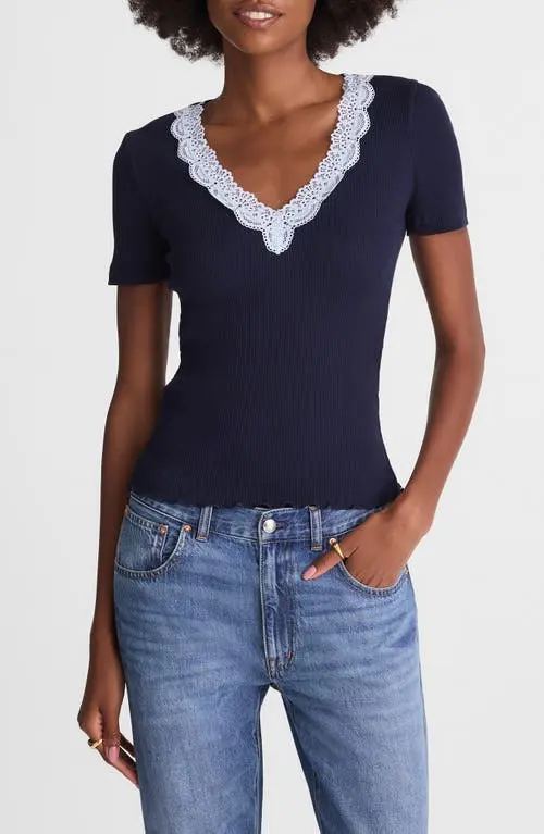 Madewell Lace Trim V-neck Rib Top - Midnight Navy