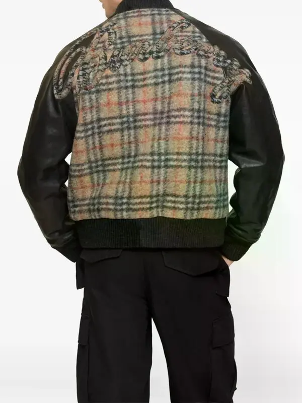 Burberry Check Panel Leather Sleeve Bomber Jacket