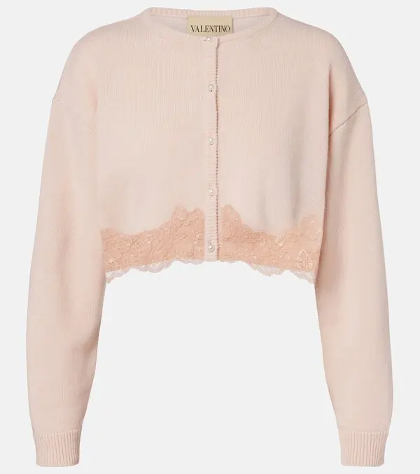 Valentino Garavani Lace-trimmed Cropped Virgin Wool Cardigan - Pink