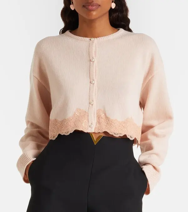 Valentino Garavani Lace-trimmed Cropped Virgin Wool Cardigan - Pink