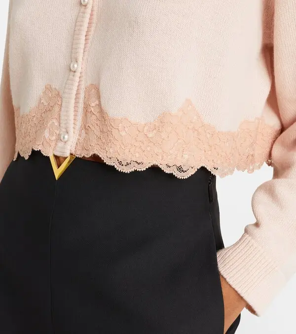 Valentino Garavani Lace-trimmed Cropped Virgin Wool Cardigan - Pink