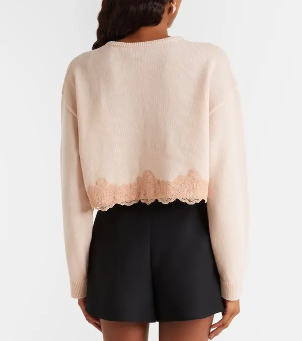 Valentino Garavani Lace-trimmed Cropped Virgin Wool Cardigan - Pink