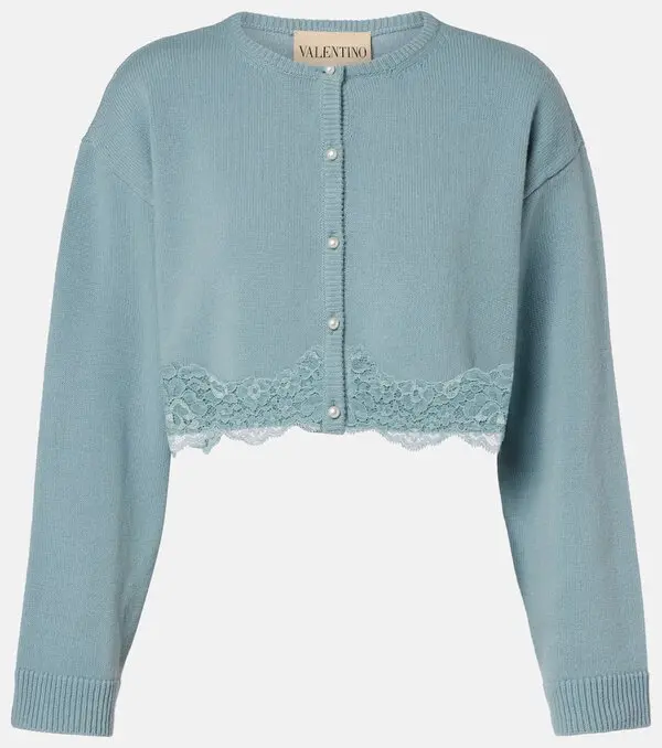Valentino Garavani Lace-trimmed Cropped Virgin Wool Cardigan - Blue